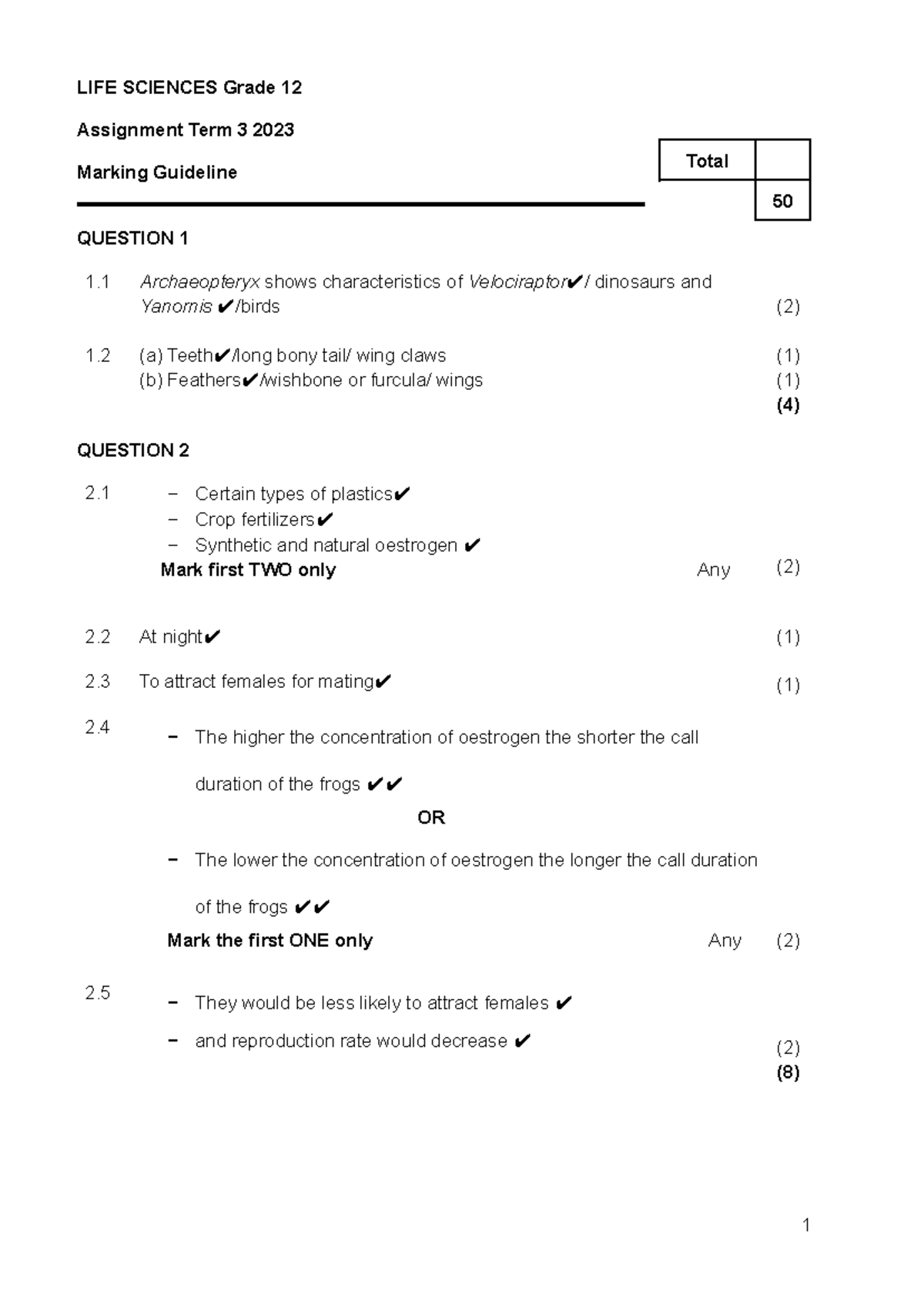 LIFE SCIENCES Grade 12 Term 3 Assignment Memo 2023 - Studocu