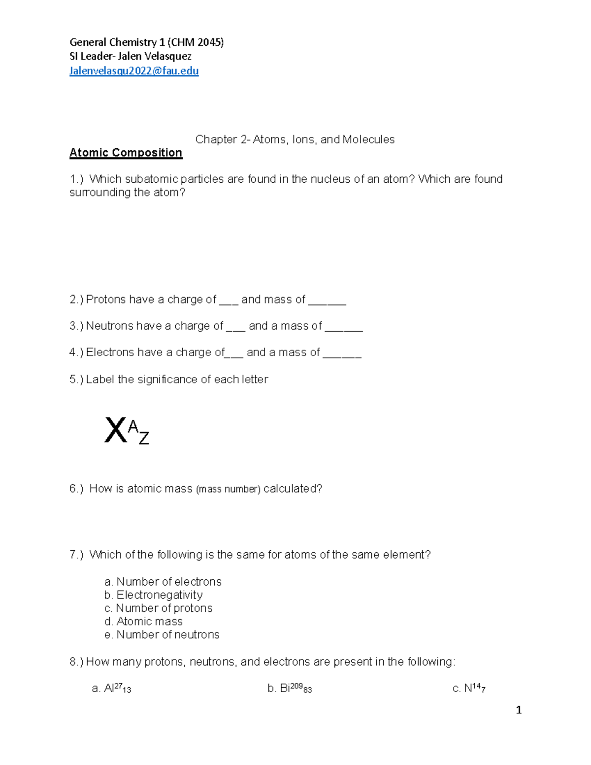 General Chemistry 1 (CHM 2045) SI Jalen Velasquez T Study Guide on ...