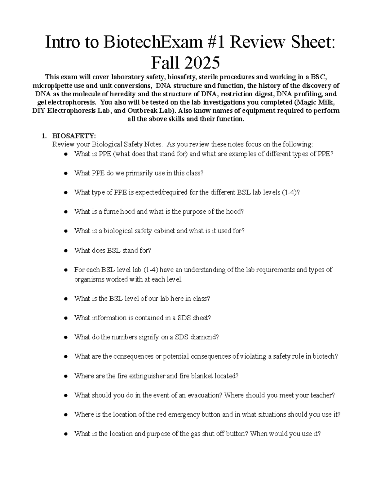 Intro to Biotech Exam #1 Review Sheet: Fall 2025 - Studocu