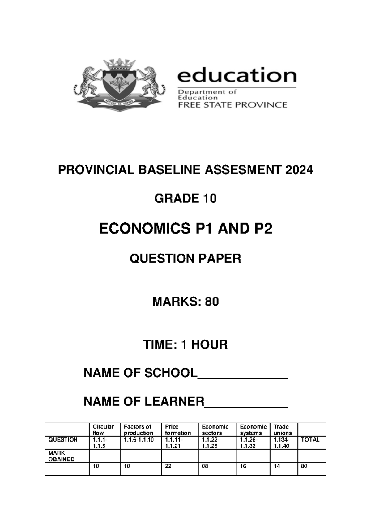 Grade 10 afr QP 2 with memo - PROVINCIAL BASELINE ASSESMENT 2024 GRADE ...