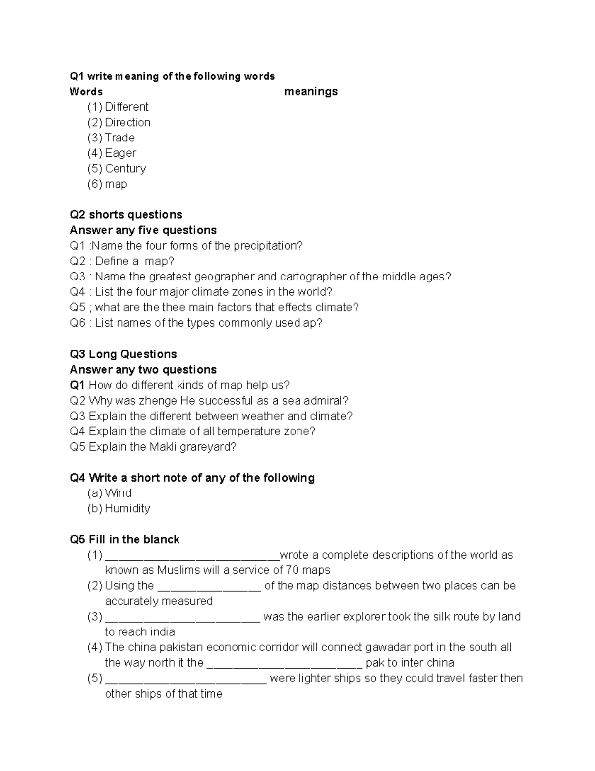 Copy of sst G5 - class five papers - Q1 write meaning of the following ...