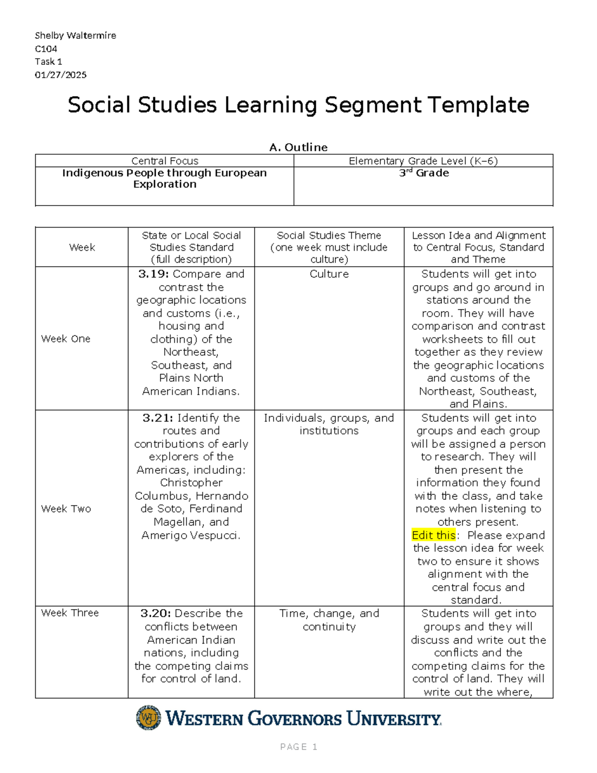 Social Studies Learning Segment Template - C Task 1 01/27/ Social ...