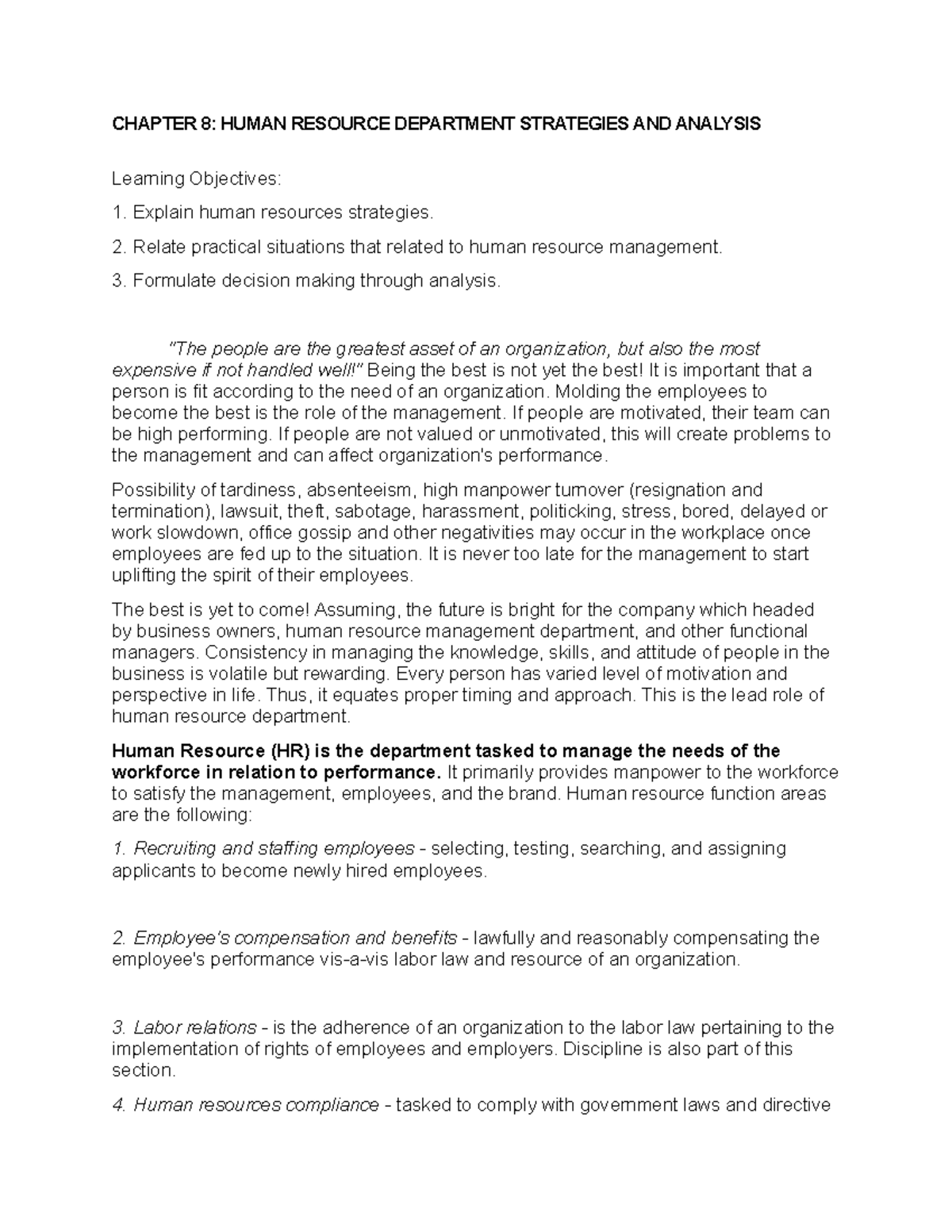 Chapter 8 Human Resource Department 1 - CHAPTER 8: HUMAN RESOURCE ...