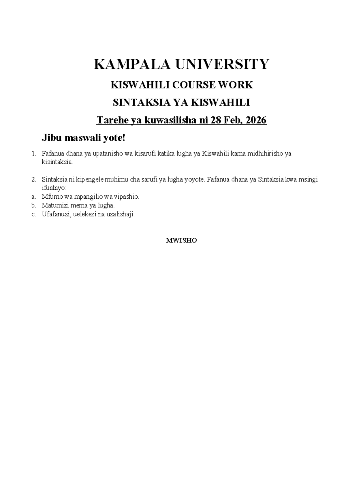 Kampala University - Good - KAMPALA UNIVERSITY KISWAHILI COURSE WORK ...