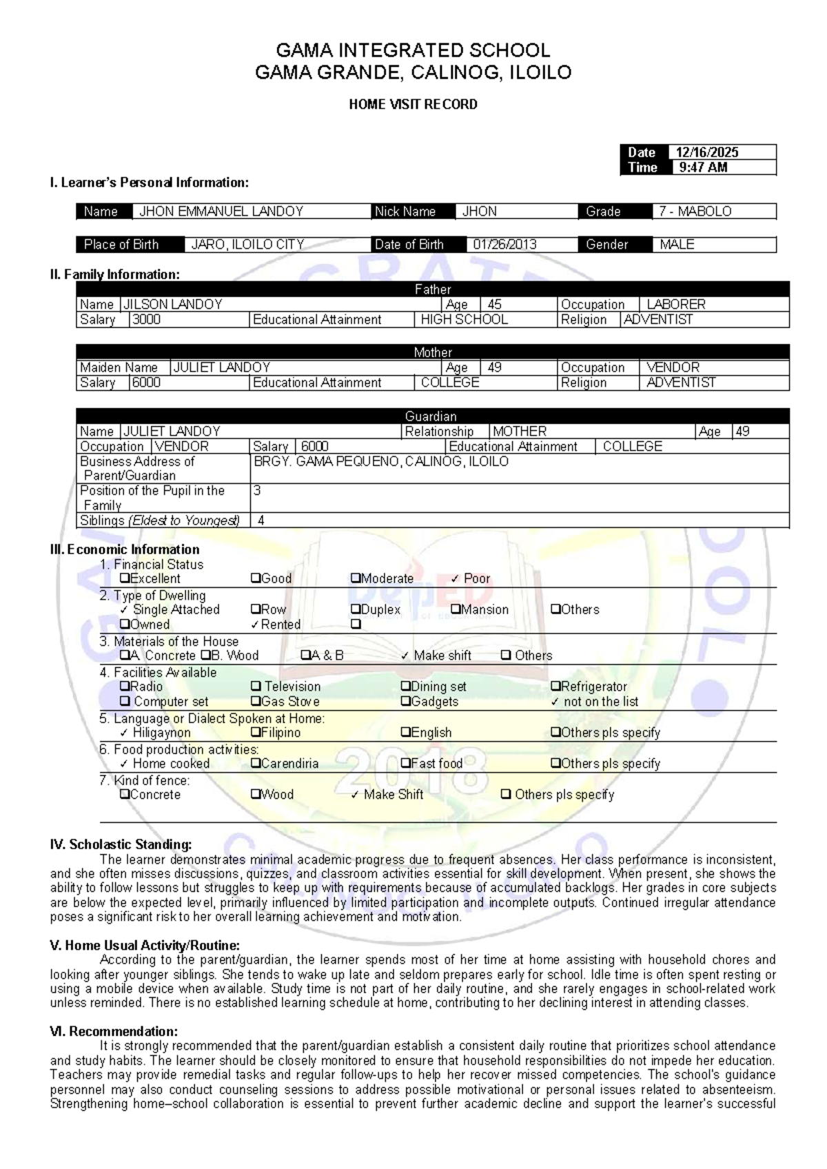 GAMA INTEGRATED SCHOOL GRADE 7 HOME VISIT RECORD - Studocu
