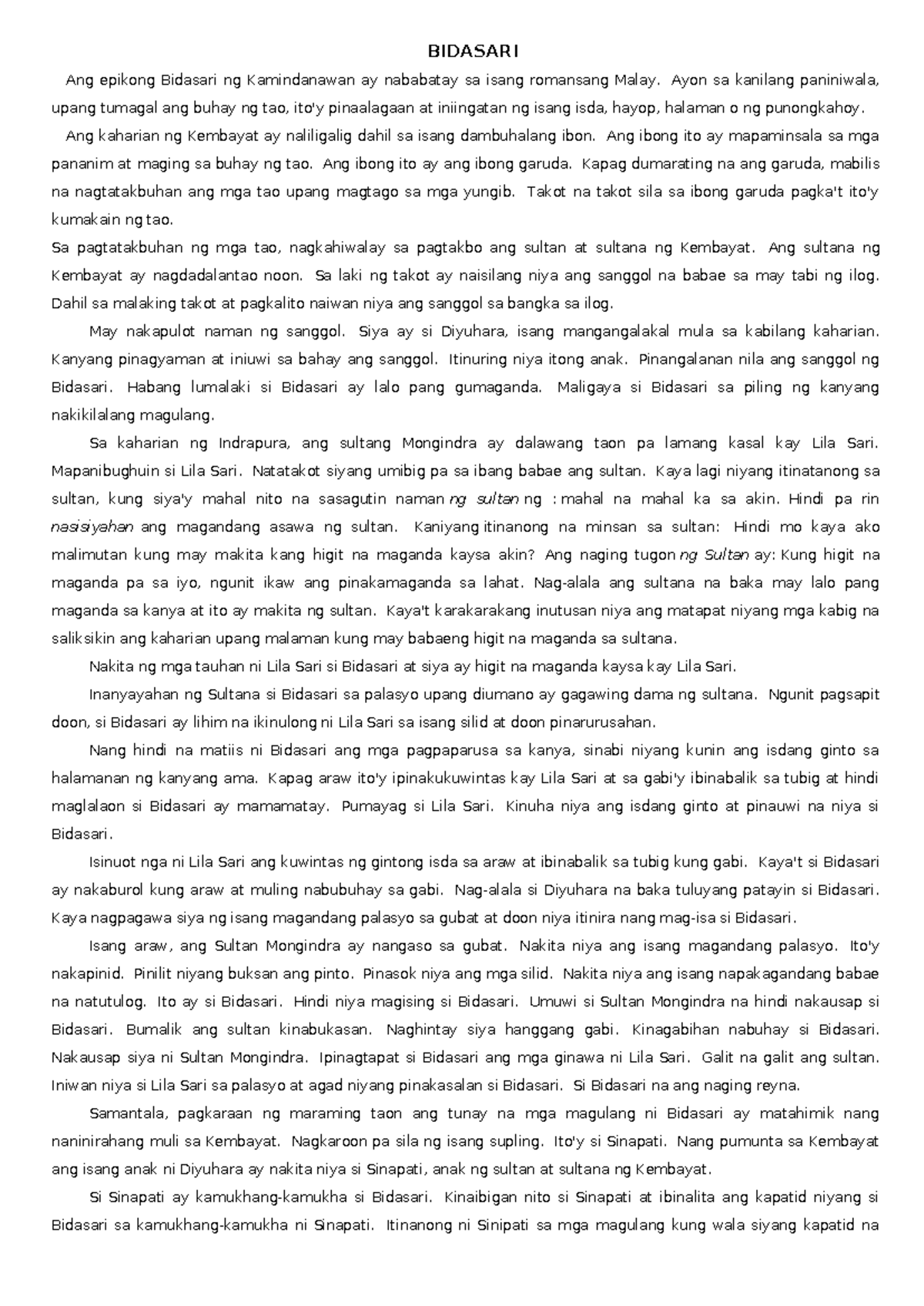 Bidasari - Epikong Malay ng Kamindanawan: Buod at Pagsusuri - Studocu