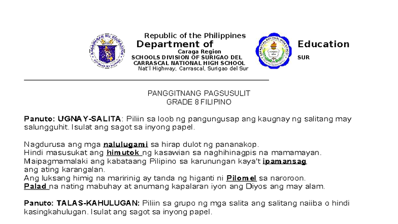 Midterm Exam Review for FILI8: Pagsusulit sa Filipino Grade 8 - Studocu