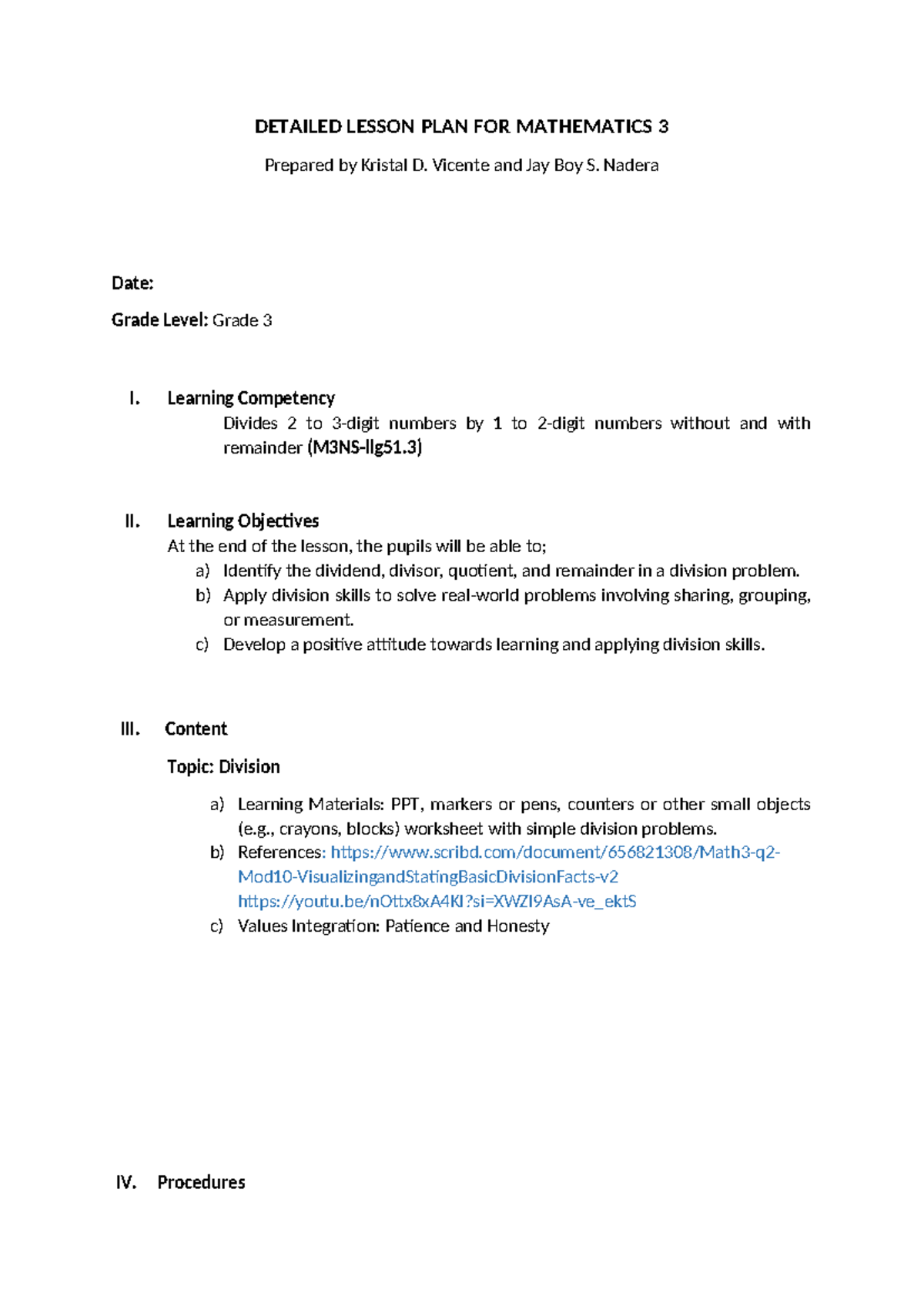 Detailed Lesson Plan: Division for Mathematics 3 (M3NS-llg51) - Studocu