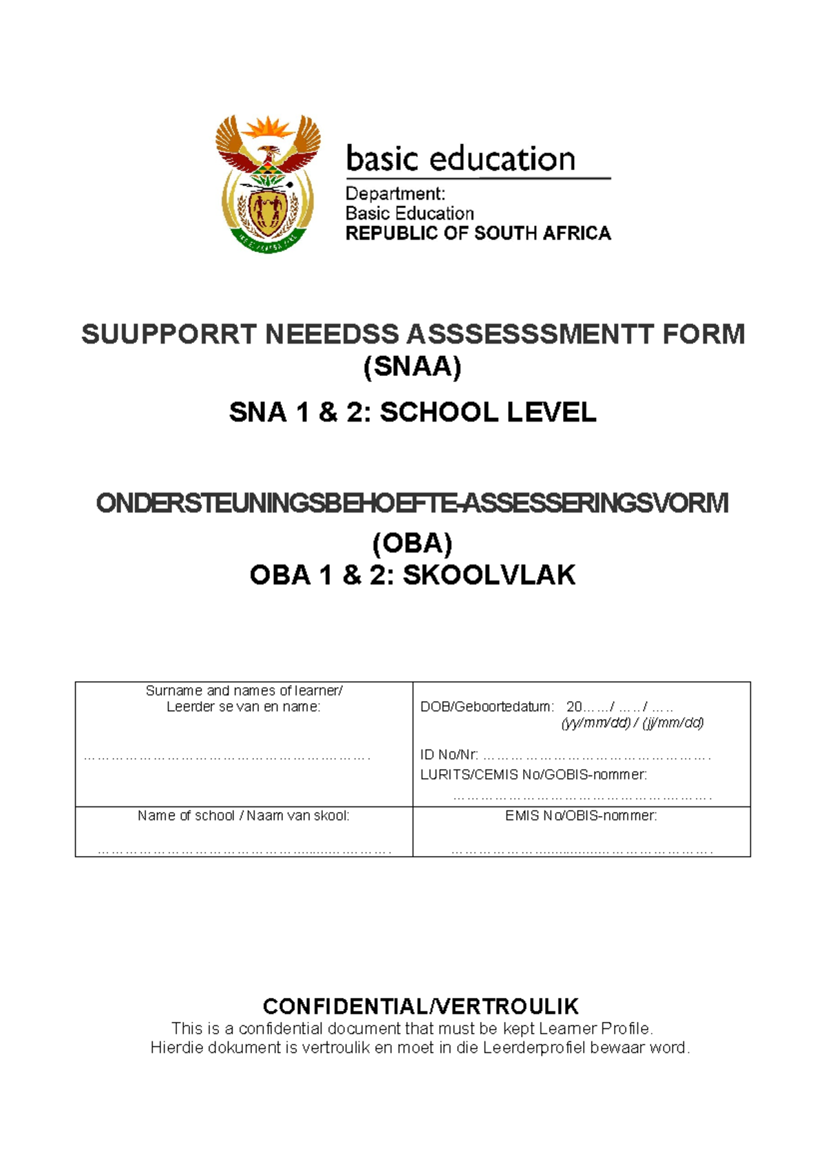 Support Needs Assessment Form (SNA 1 & 2) for School-Level Intervention ...