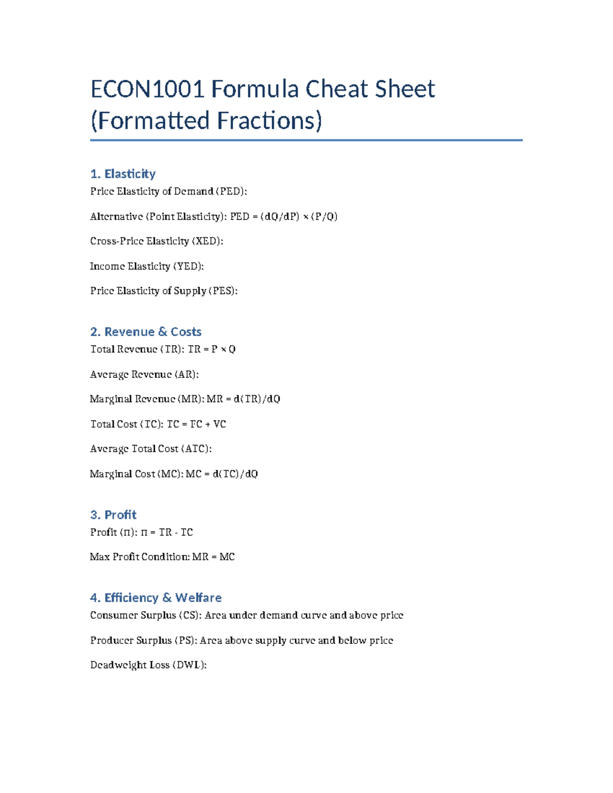 ECON1001 Formula Cheat Sheet: Key Economic Concepts & Formulas - Studocu