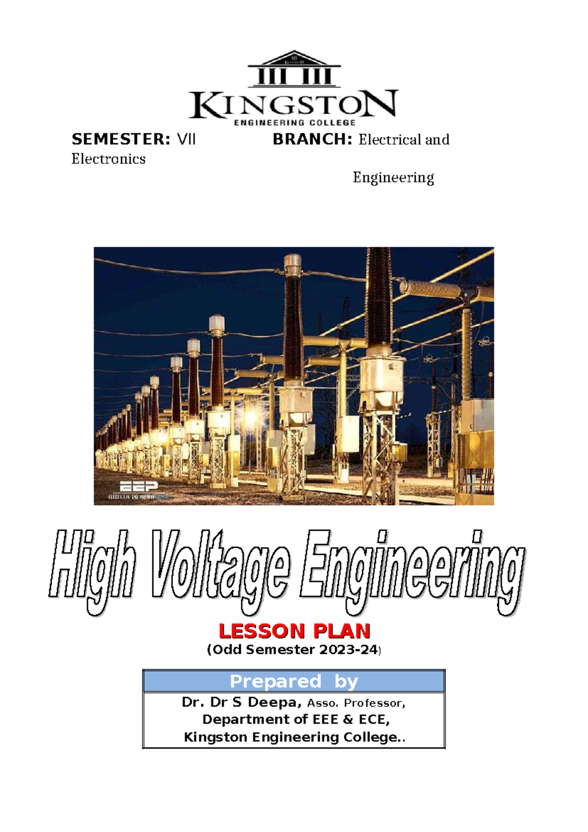 EE8701: High Voltage Engineering Lesson Plan for Odd Semester 2023-24 ...