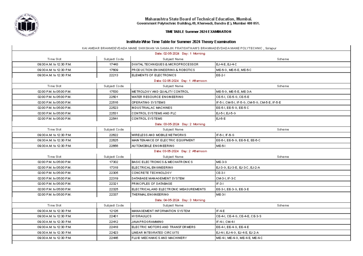 Time Table for Summer 2024 Theory Examination 1 - Maharashtra State ...