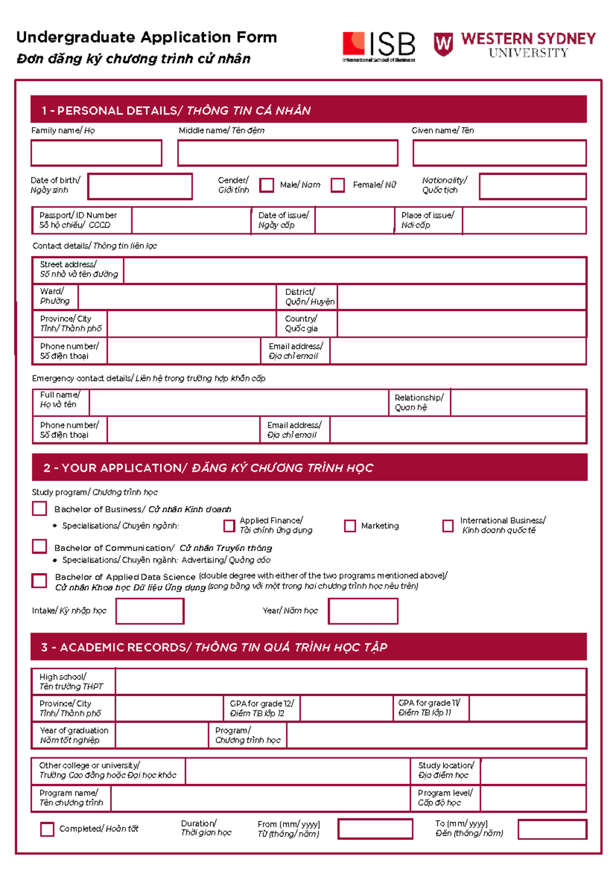 Đơn Đăng Ký Nhập Học Cử Nhân - Undergraduate Application Form Ver 2 ...