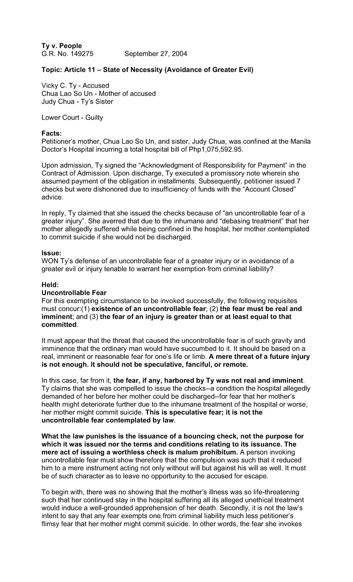 Ty v. People: Case Analysis on State of Necessity (G.R. No. 149275 ...