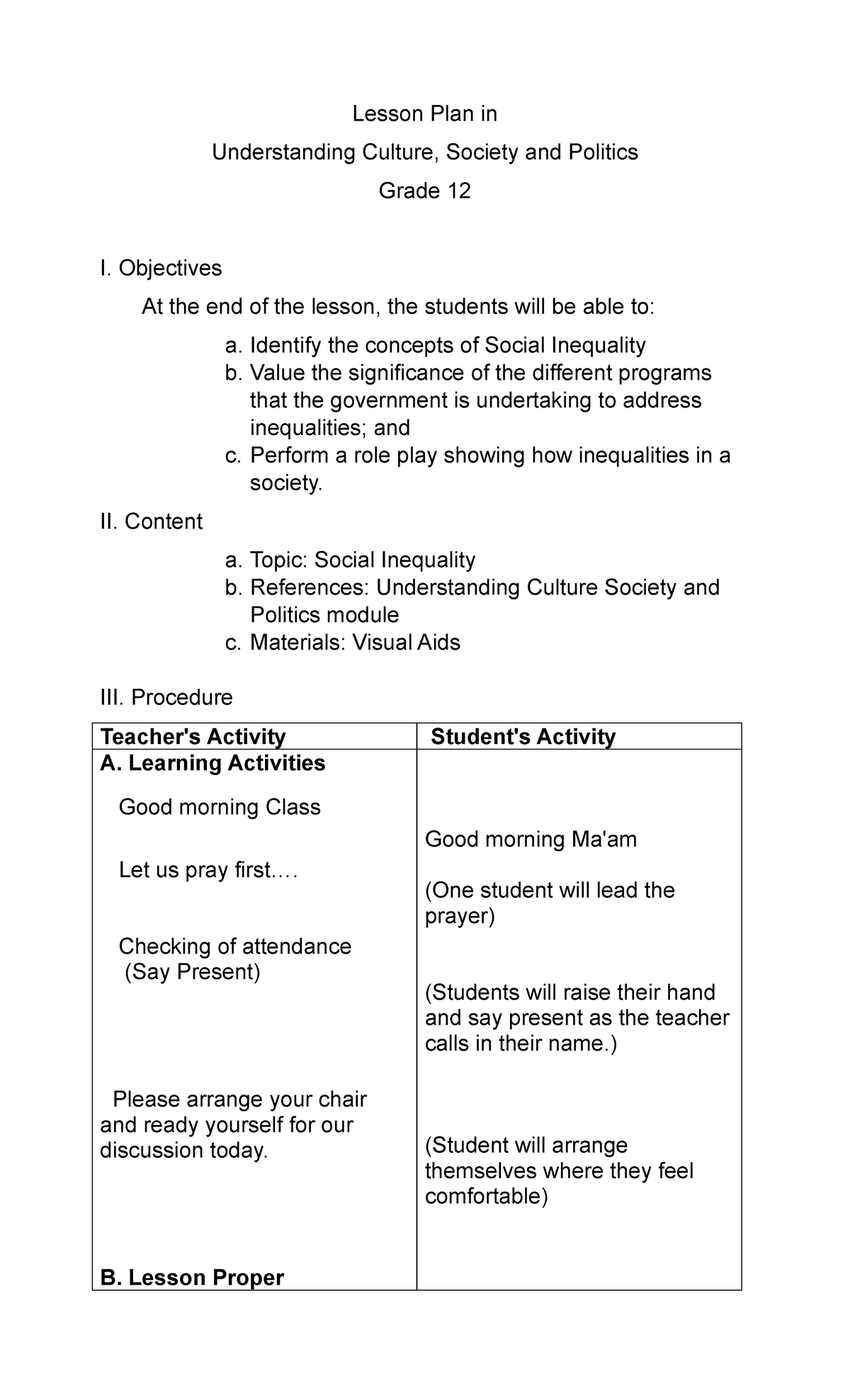 Grade 12 UCSP Lesson Plan: Understanding Social Inequality - Studocu
