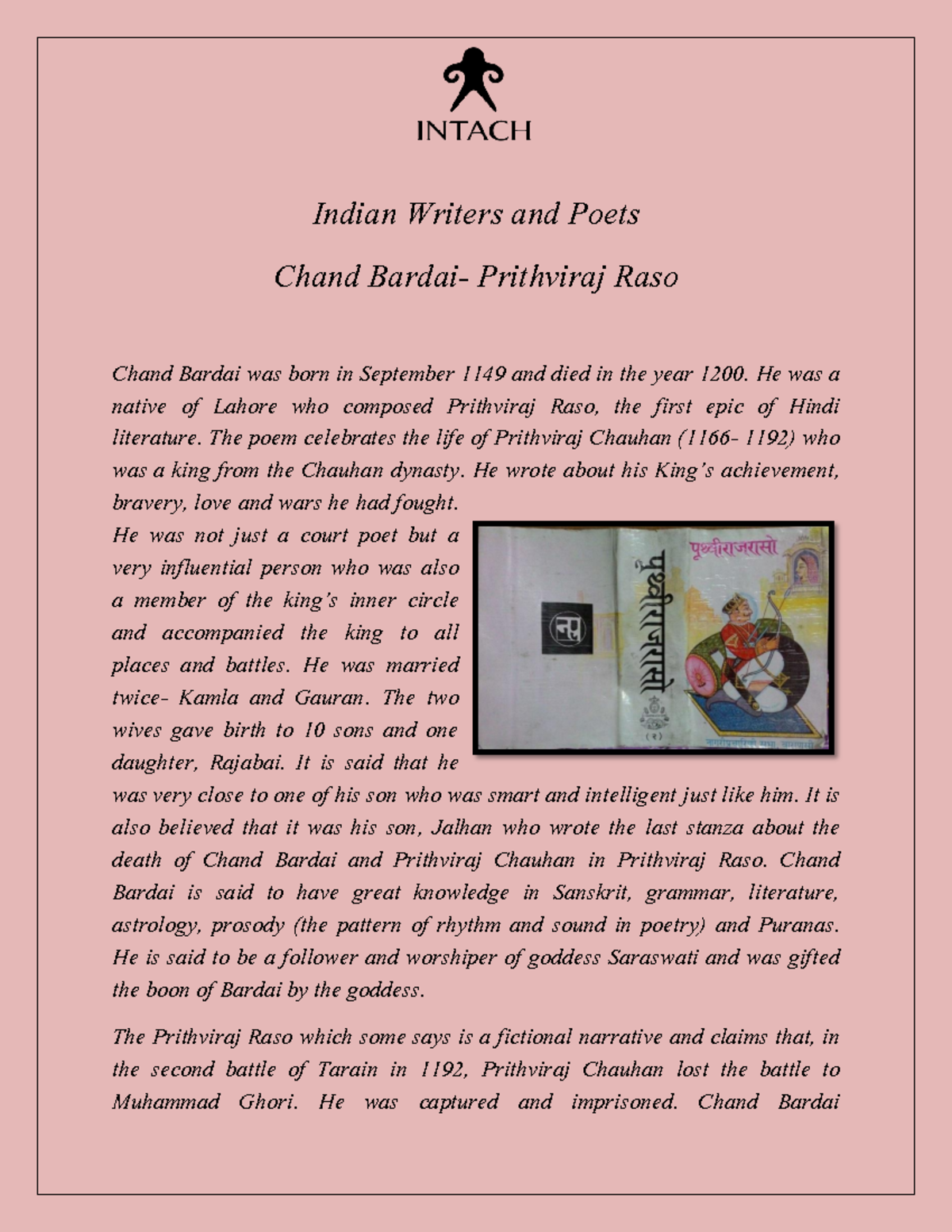 Indian Literature: Chand Bardai & the Epic of Prithviraj Raso - Studocu