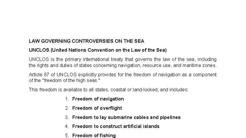 LAW 101: Governing Maritime Controversies Under UNCLOS - Studocu
