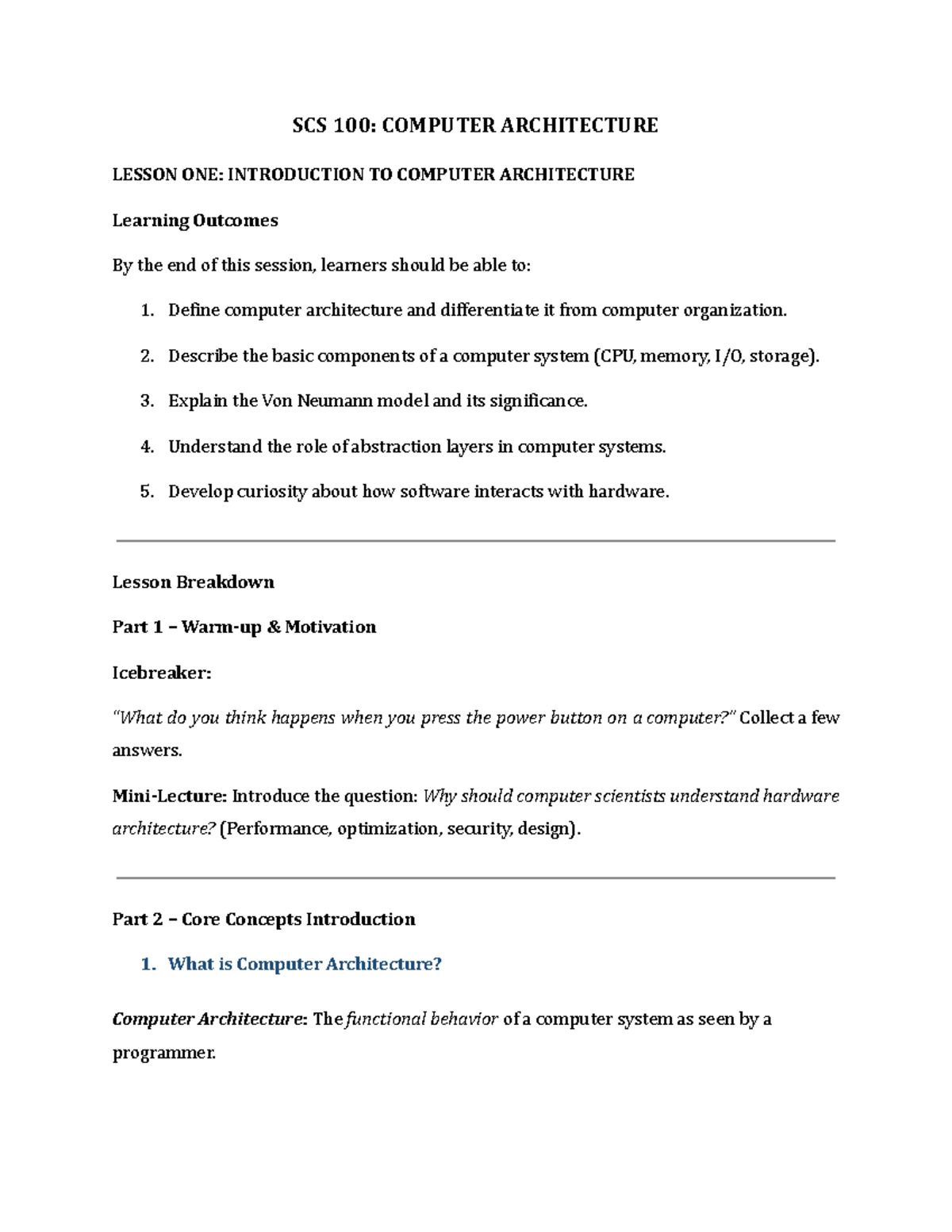 SCS 100: Computer Architecture Lesson 1 - Introduction to Core Concepts - Studocu