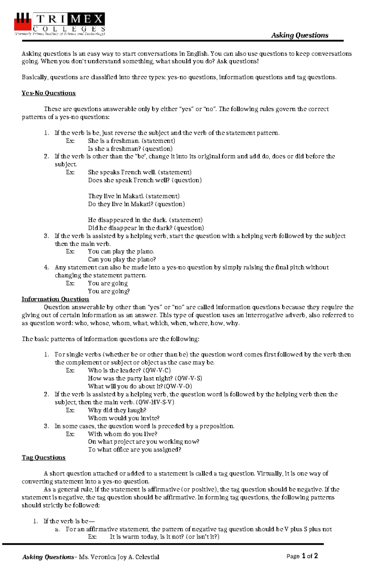 Engpro - Asking Questions: Types and Patterns Explained - Studocu