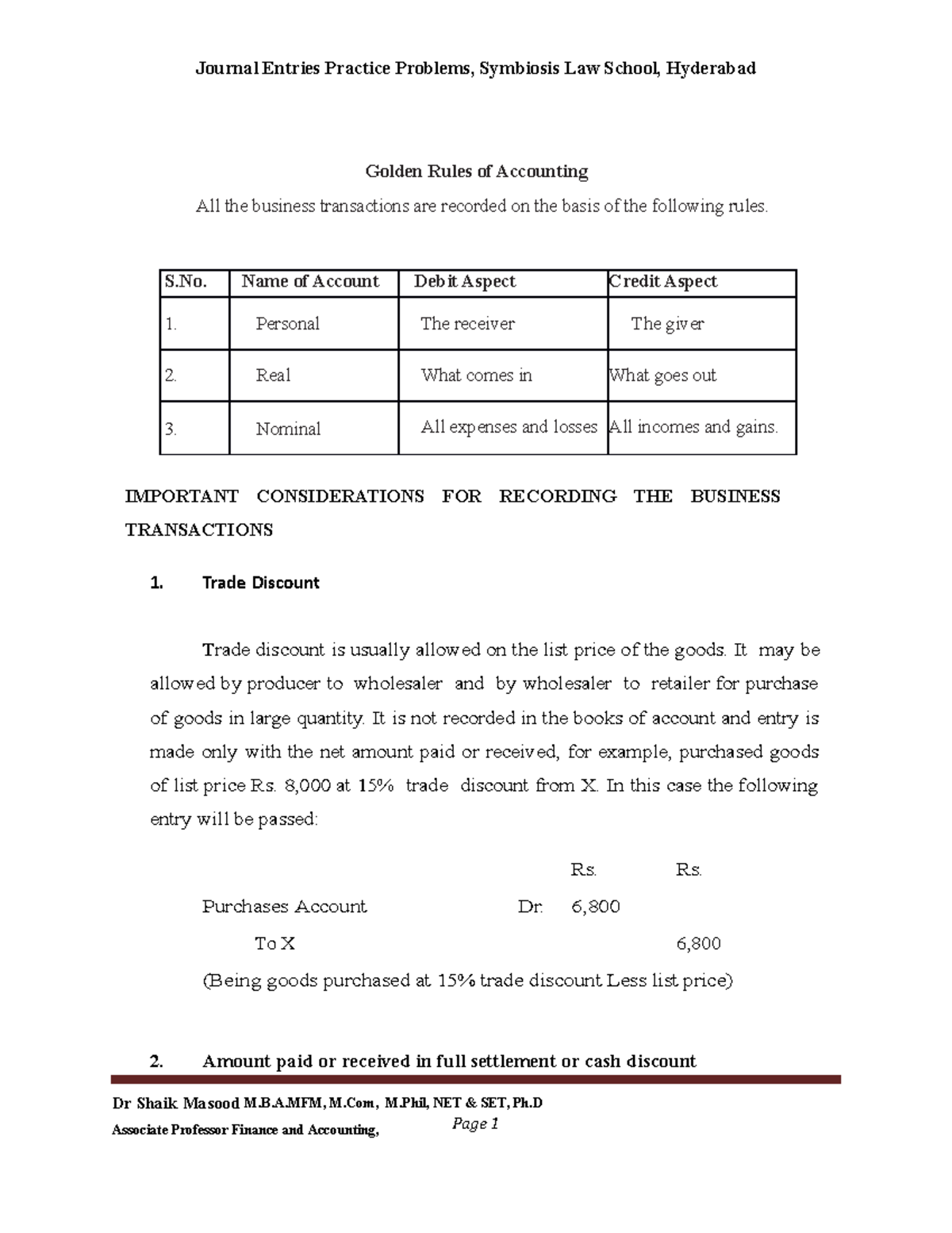Journal entries - For studying basic accountancy - BBA LLB - Studocu
