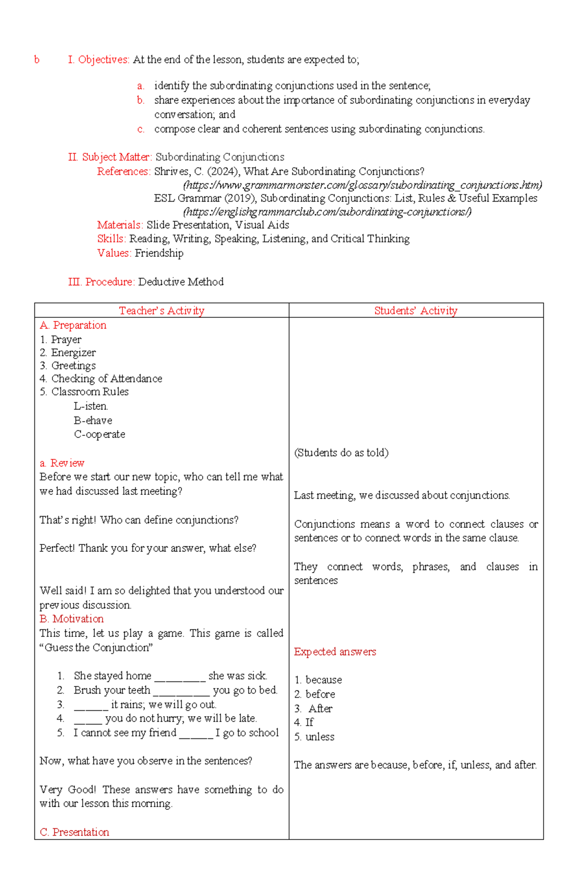Subordinating Conjunctions Lesson Plan (LP) - Teaching Guide - Studocu