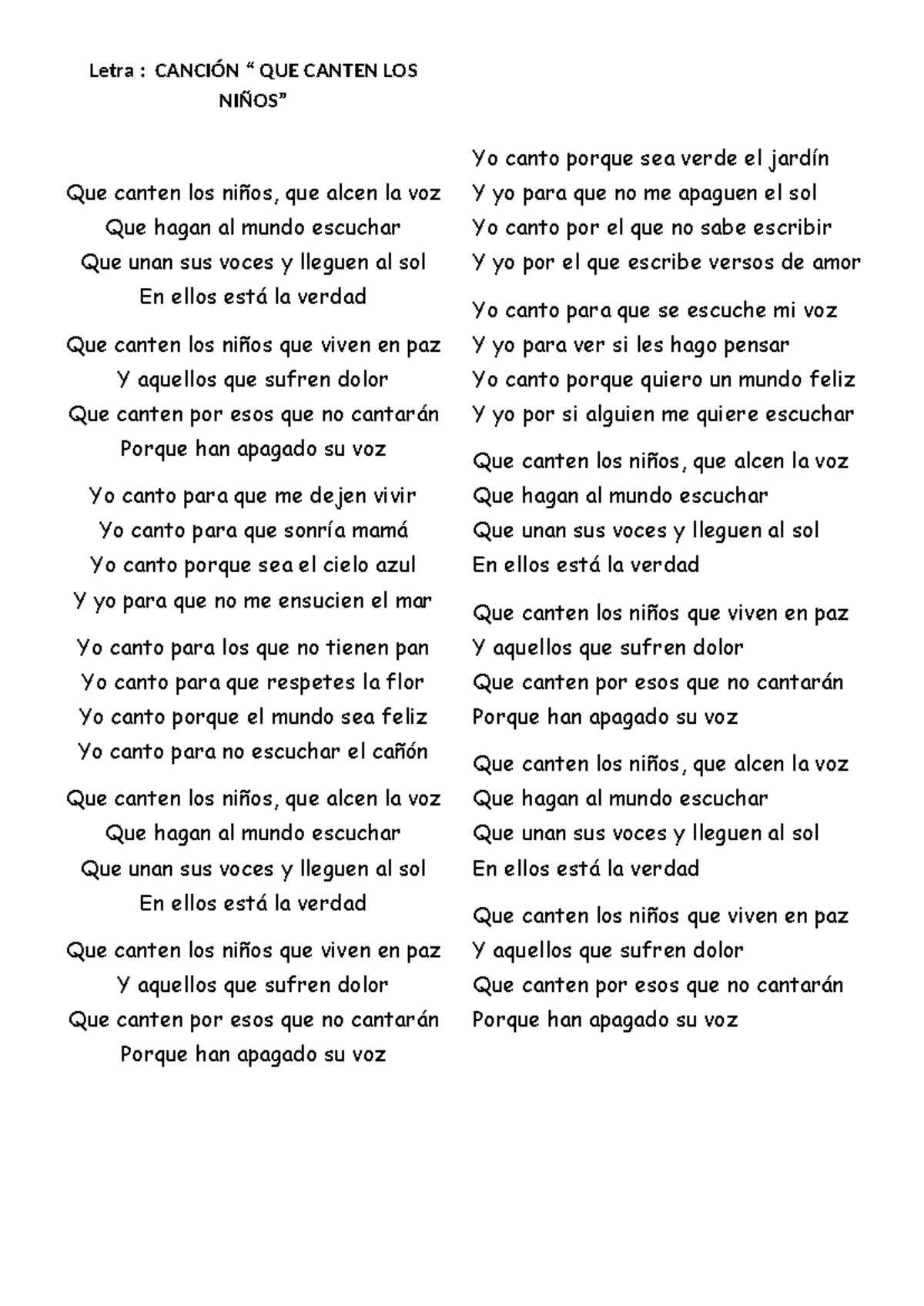 Letra QUE Canten LOS Niños - Letra : CANCIÓN “ QUE CANTEN LOS NIÑOS ...
