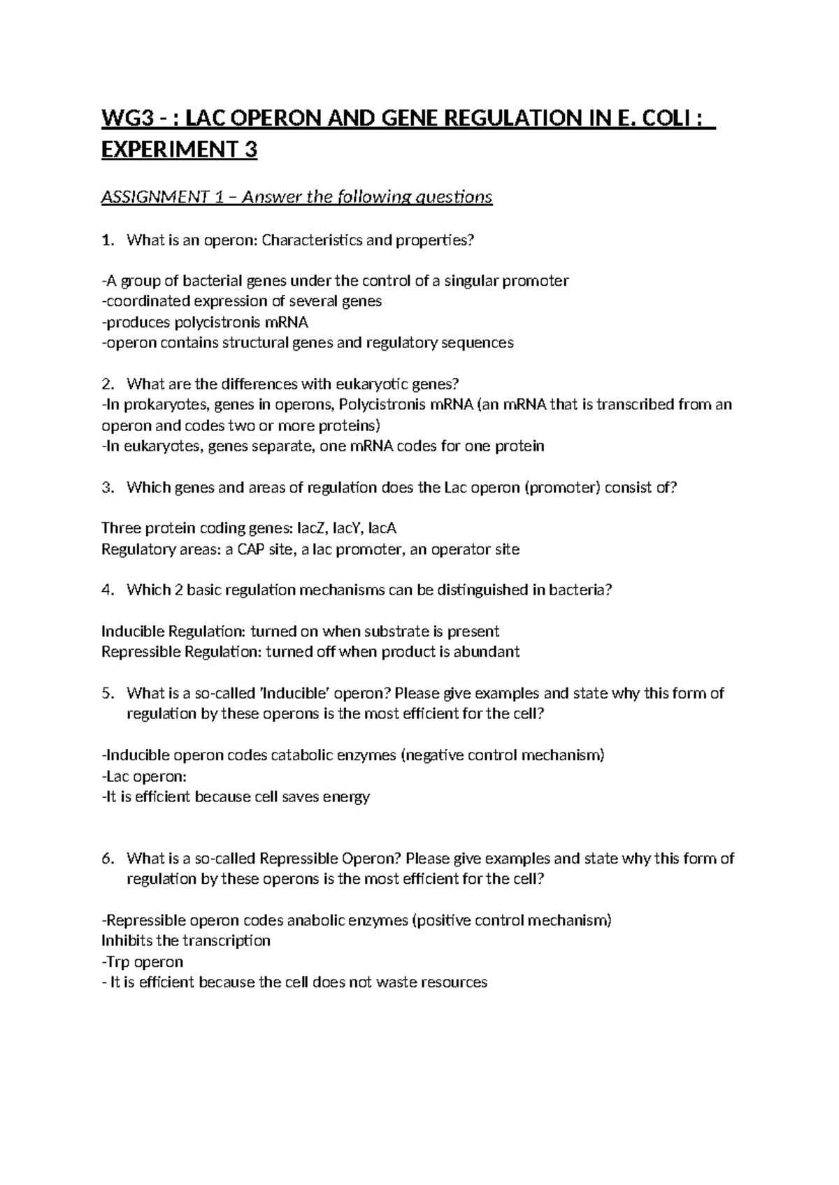 WG3: Lac Operon & Gene Regulation in E. Coli - Experiment 3 Assignment ...