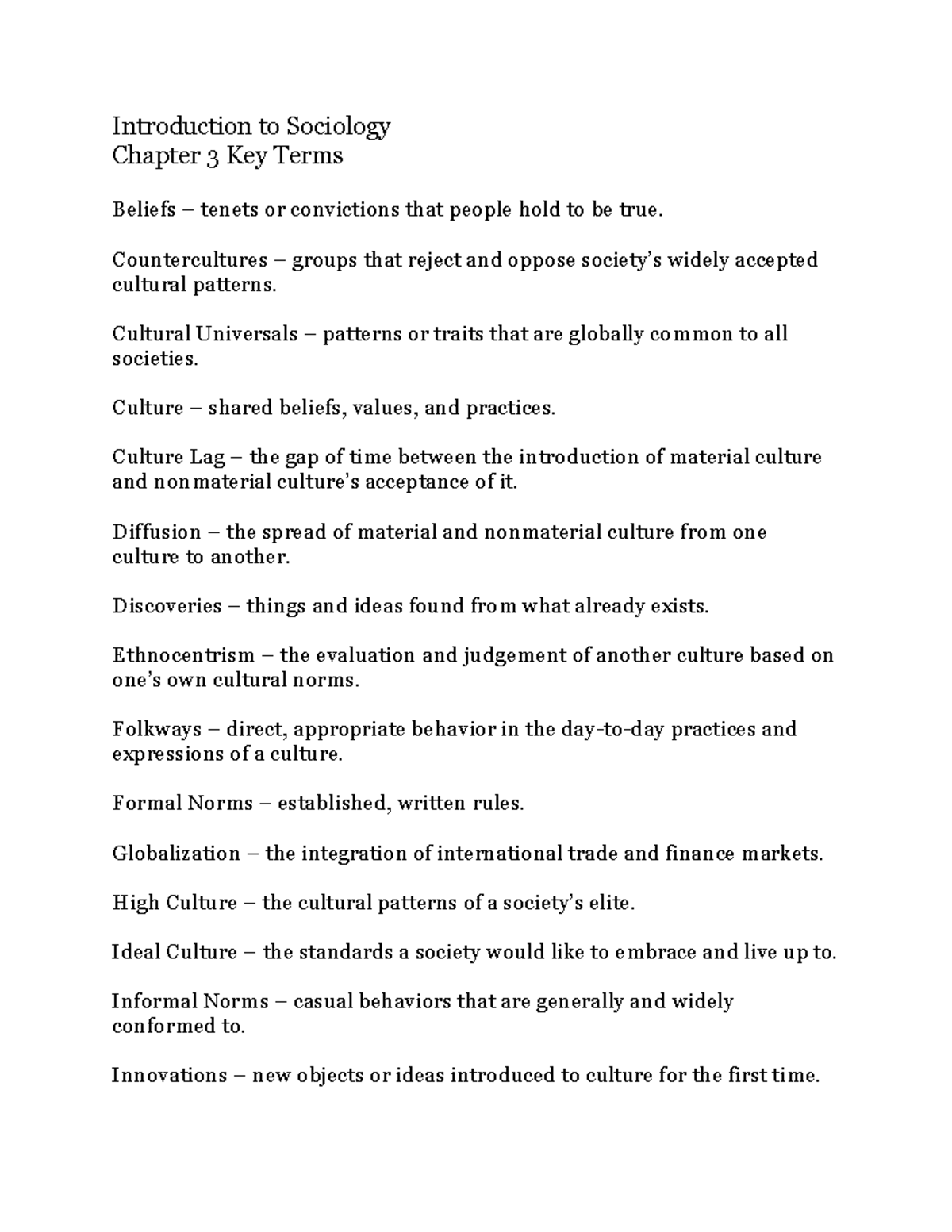 Sociology Soc101 Chapter 3 Key Terms And Definitions Studocu