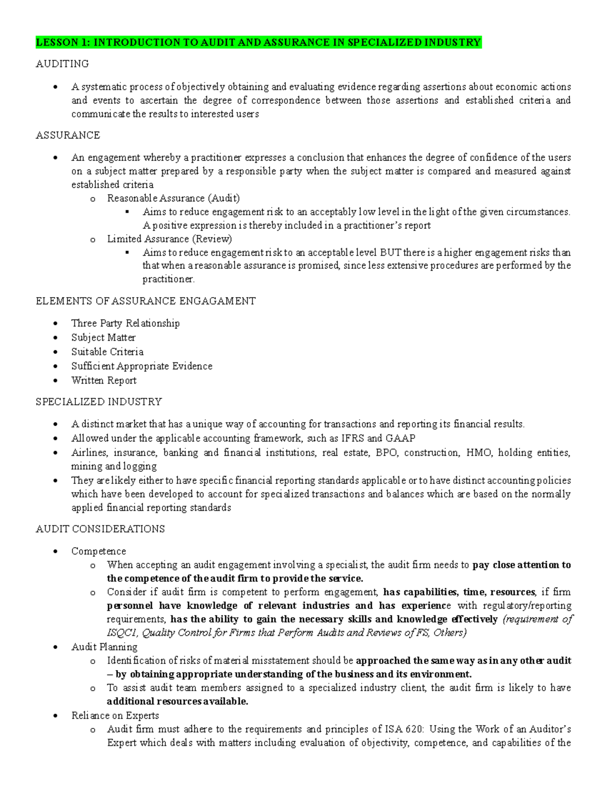 AUDIT 101: LESSON 1 - INTRODUCTION TO ASSURANCE IN SPECIALIZED ...