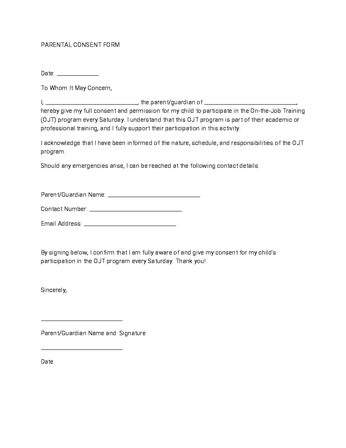 Parental Consent Form for OJT Participation - Studocu