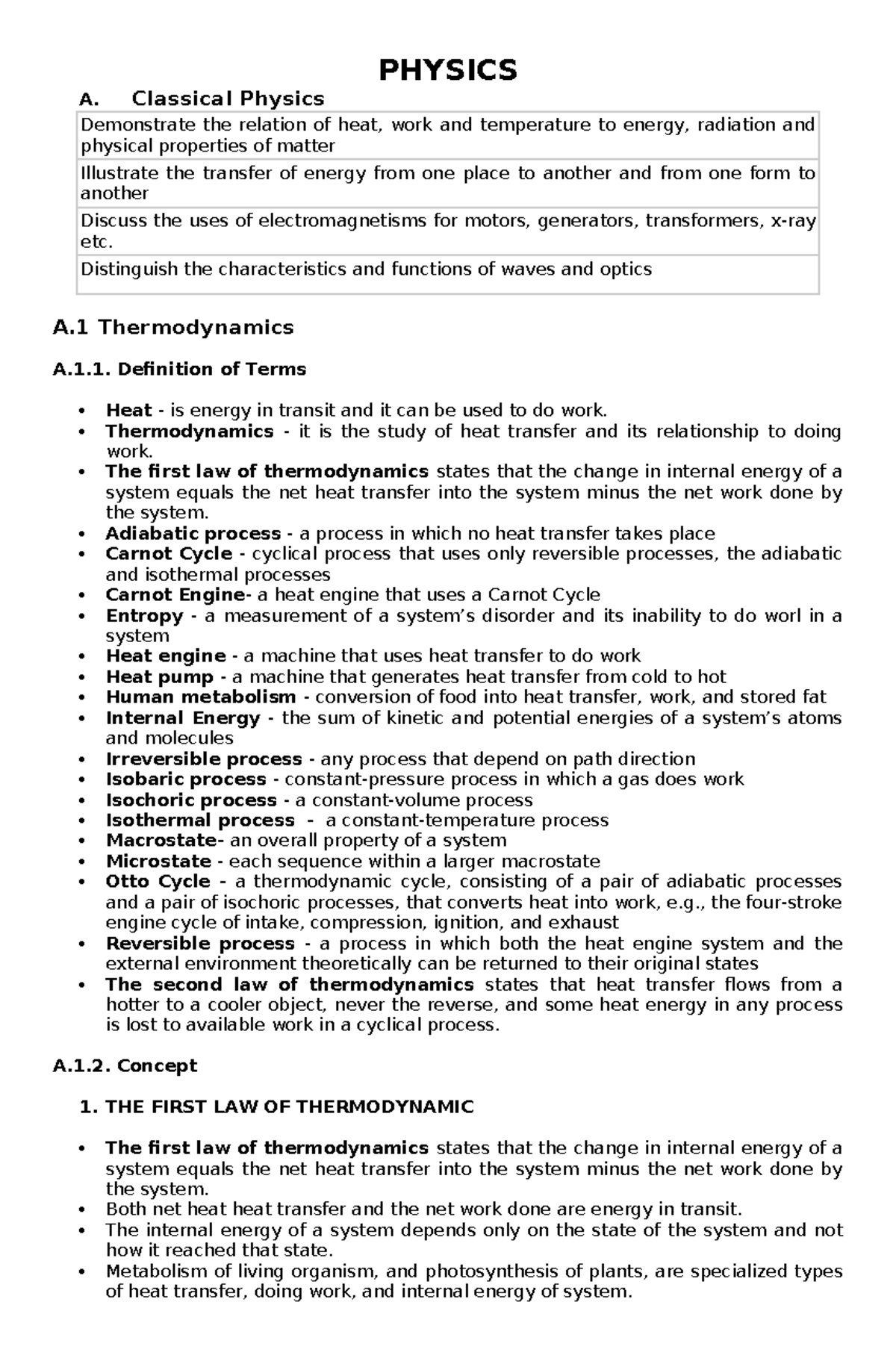 PHYSICS A: Classical Physics Review Handout on Thermodynamics and ...