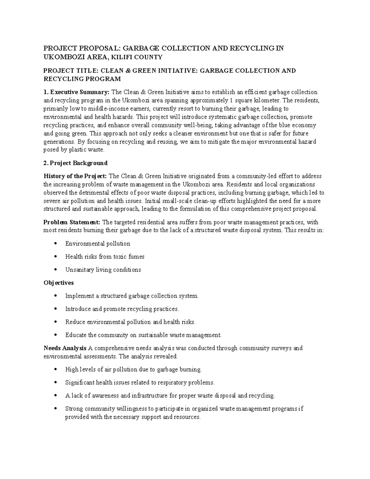 CLEAN & GREEN INITIATIVE: PROJECT PROPOSAL FOR UKOMBOZI AREA - Studocu