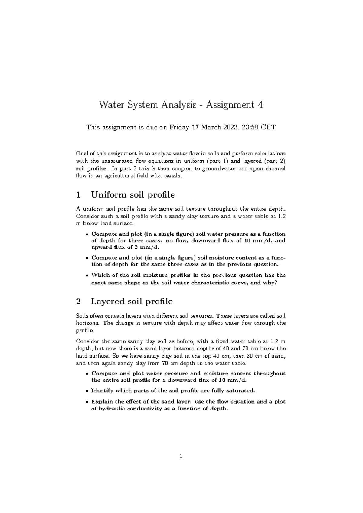 Water System Analysis - Assignment 4: Soil and Canal Flow Dynamics - Studeersnel