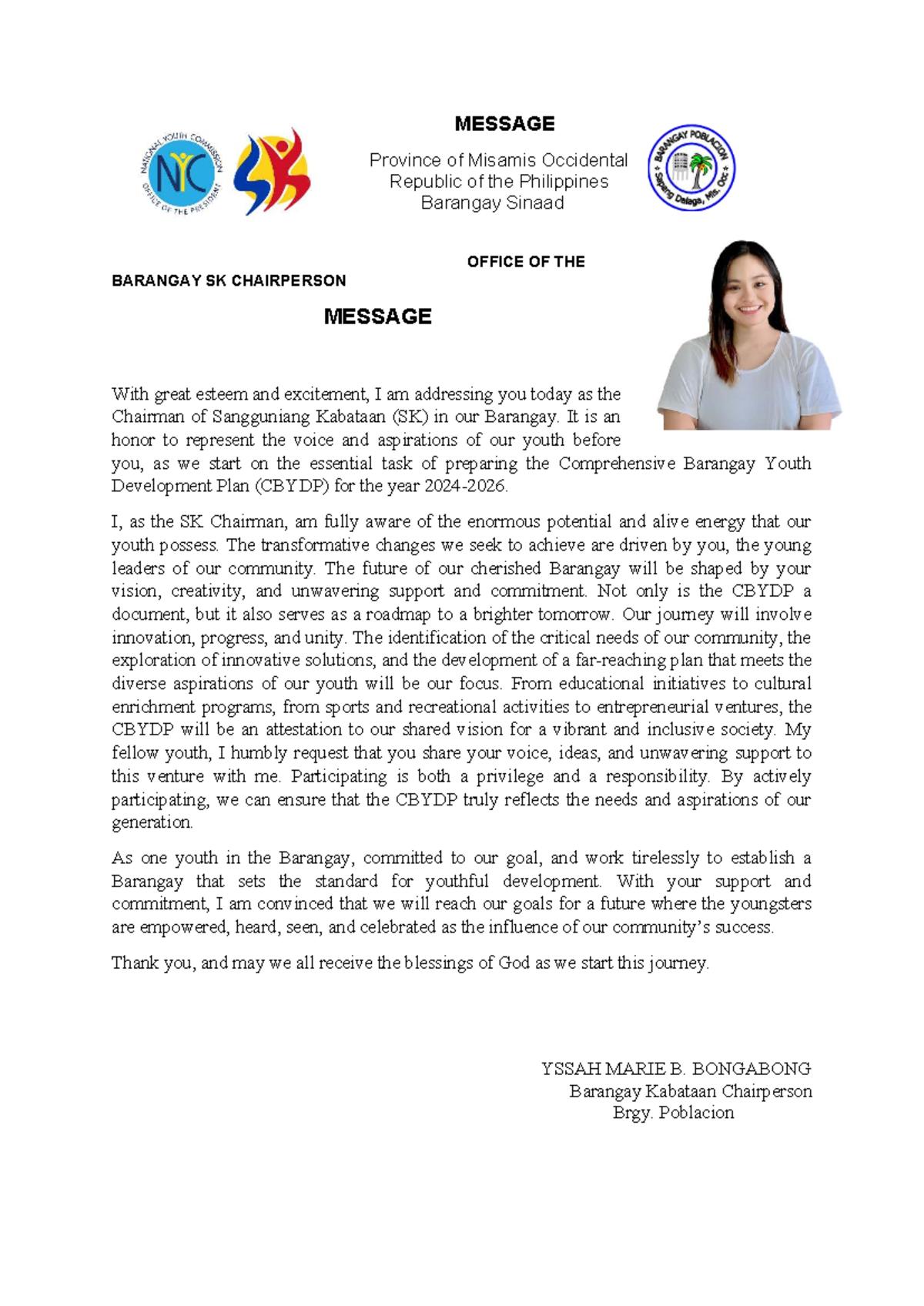 Comprehensive Barangay Youth Development Plan (CDP) 2024 - SK Poblacion ...