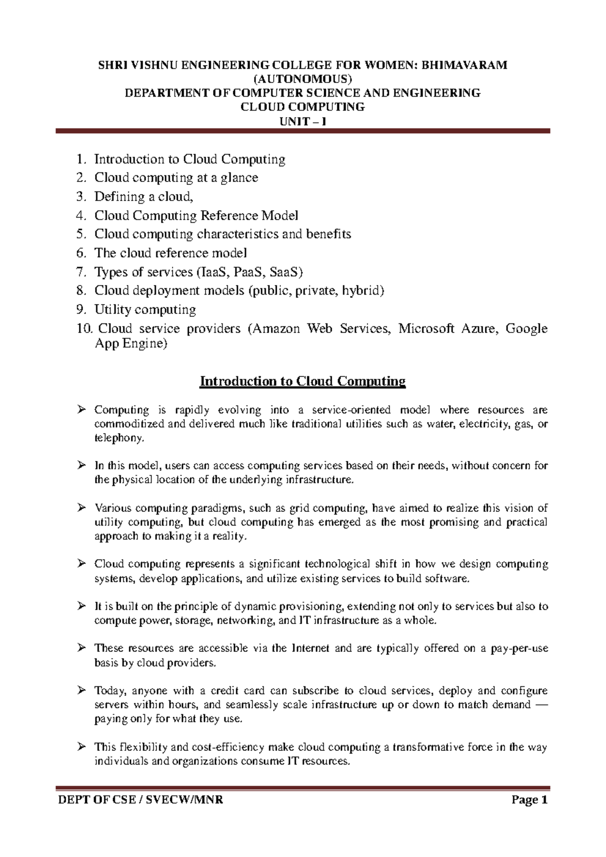 CC Unit I: Introduction to Cloud Computing and Service Models - Studocu