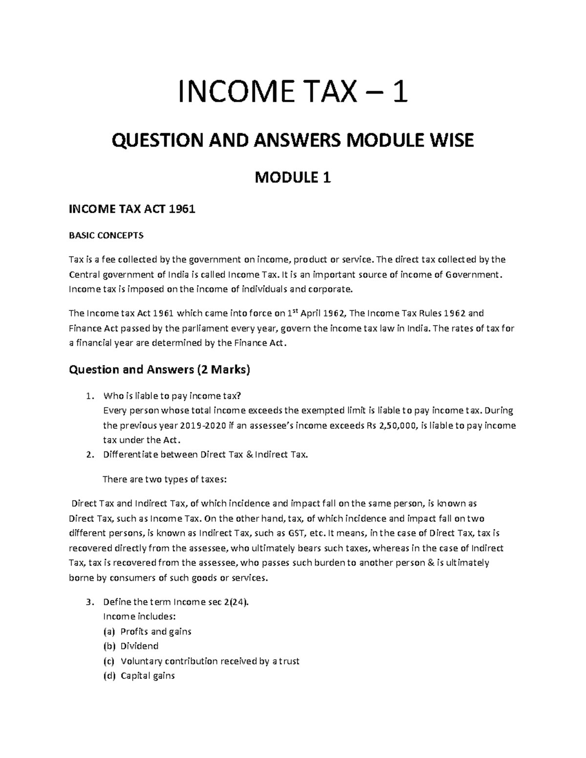 Income Tax Act 1961: Q&A Module 1 & 2 Overview and Key Concepts - Studocu