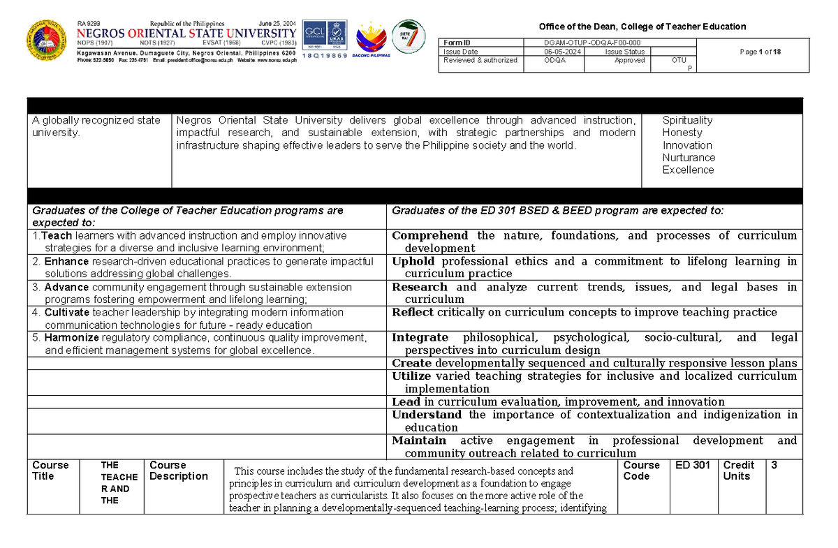 ED 301 Syllabus Emiry Depalubos BAIS - Form ID DGAM-OTUP-ODQA-F00 ...