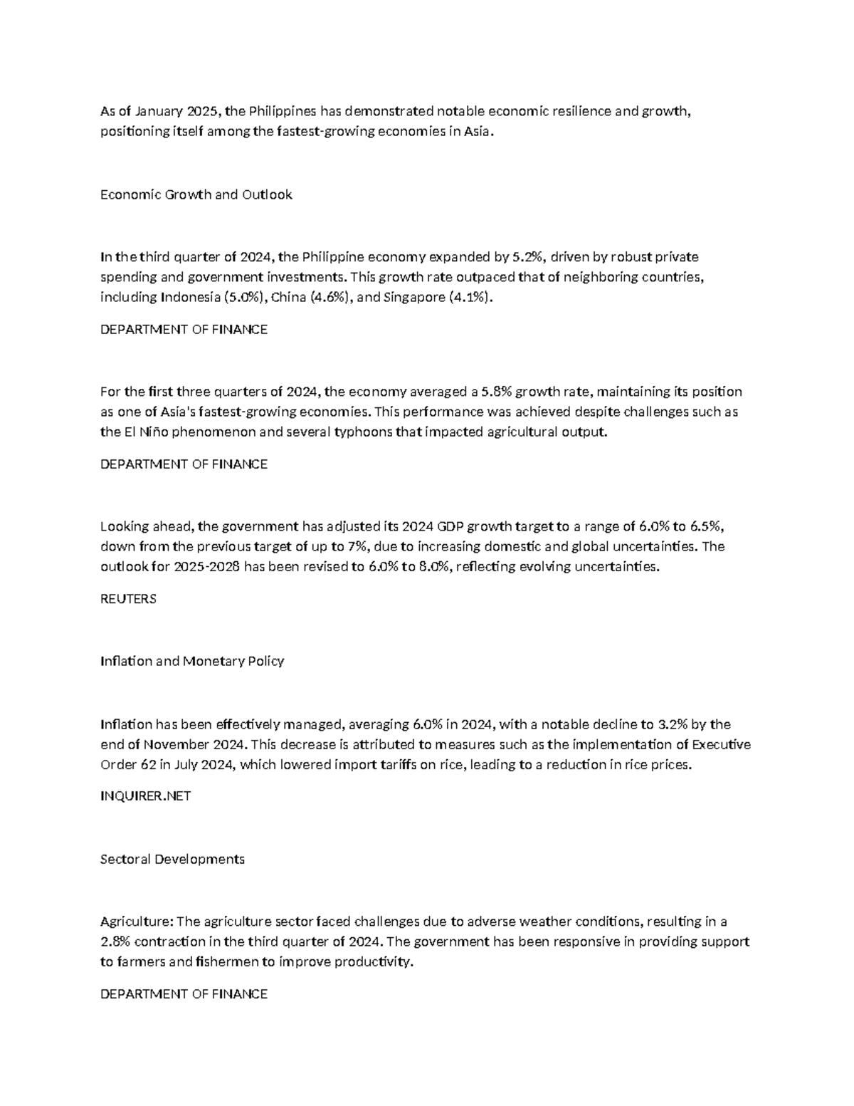 Econ1 - Summary of Philippine Economic Growth and Outlook 2024 - Studocu