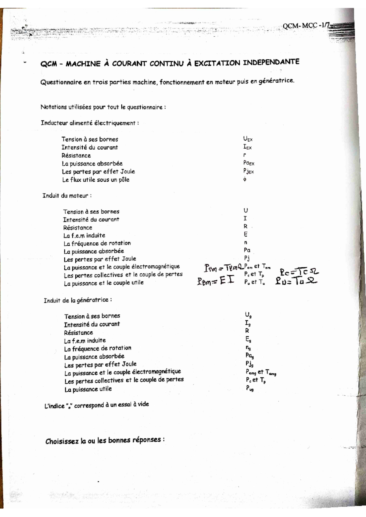 QCM MGC Électrotechnique : Machine à Courant Continu à Excitation ...