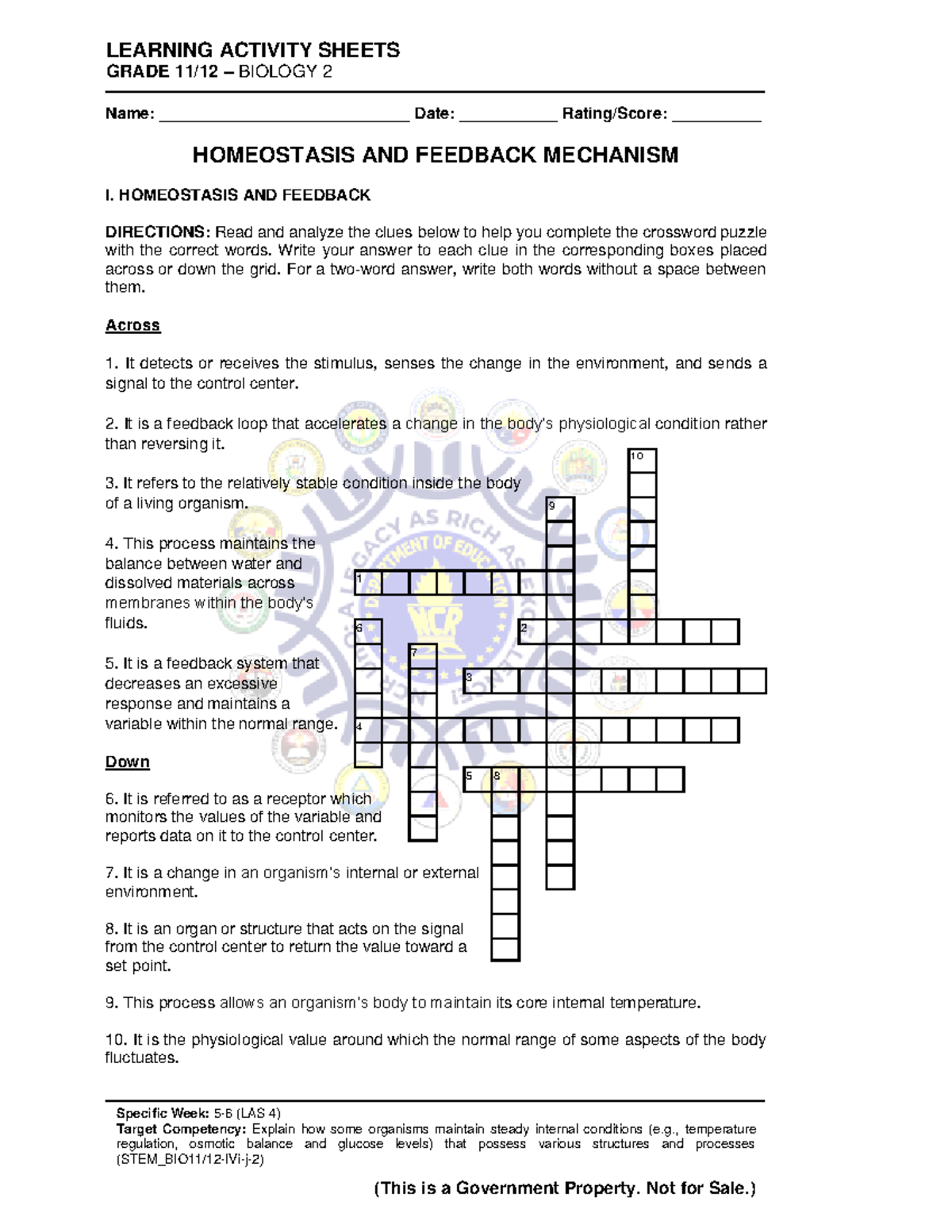 STEM_BIO11/12 Homeostasis & Feedback Mechanism Worksheet - Studocu
