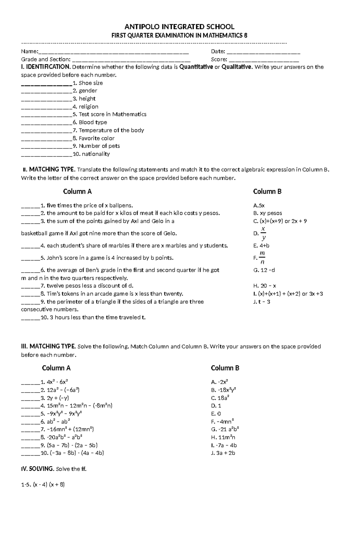 MATH 8 - First Quarter Exam Review and Practice - Studocu