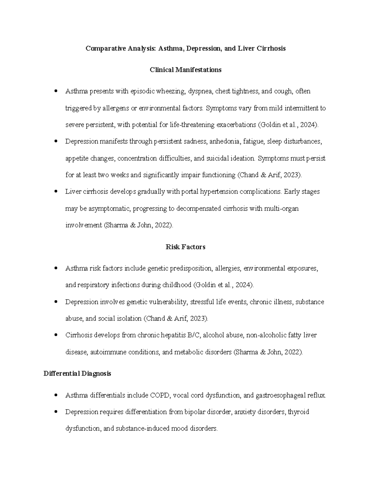 Comparative Analysis of Asthma, Depression, and Liver Cirrhosis - Assignment - Studocu