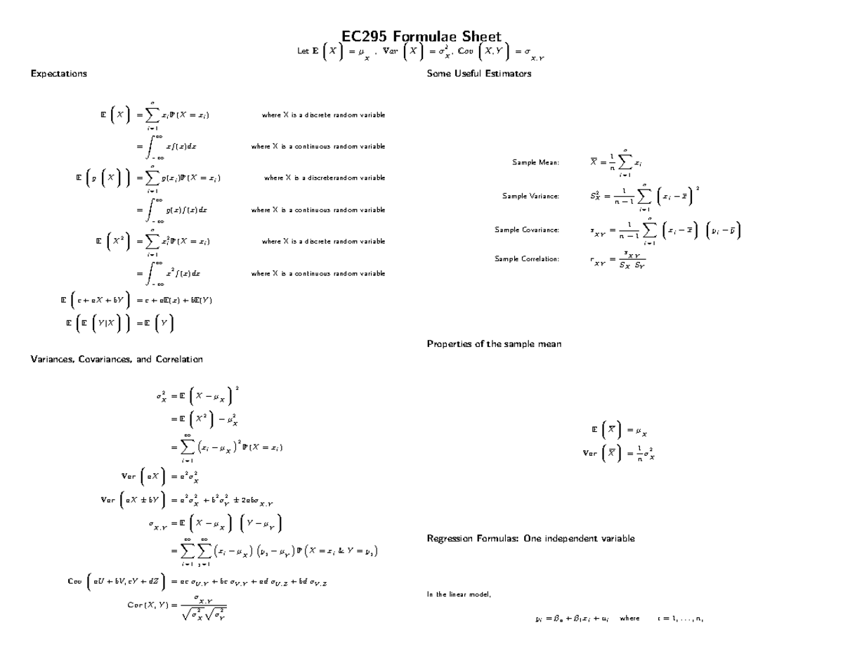 EC295 Formulae Sheet: Expectations, Variances, and Covariances - Studocu