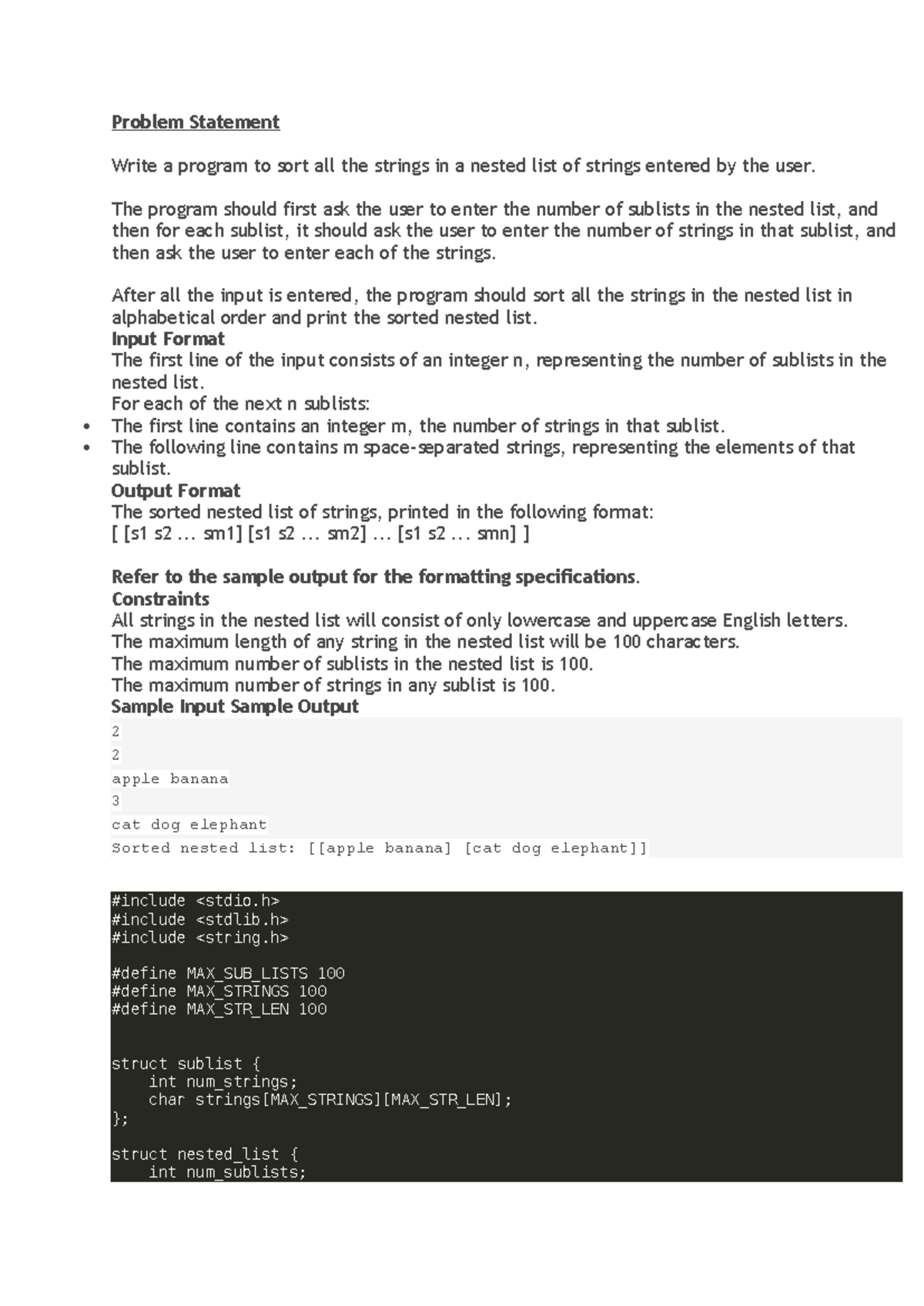 Sorting Nested List of Strings - C Program (MAX_SUB_LISTS 100) - Studocu