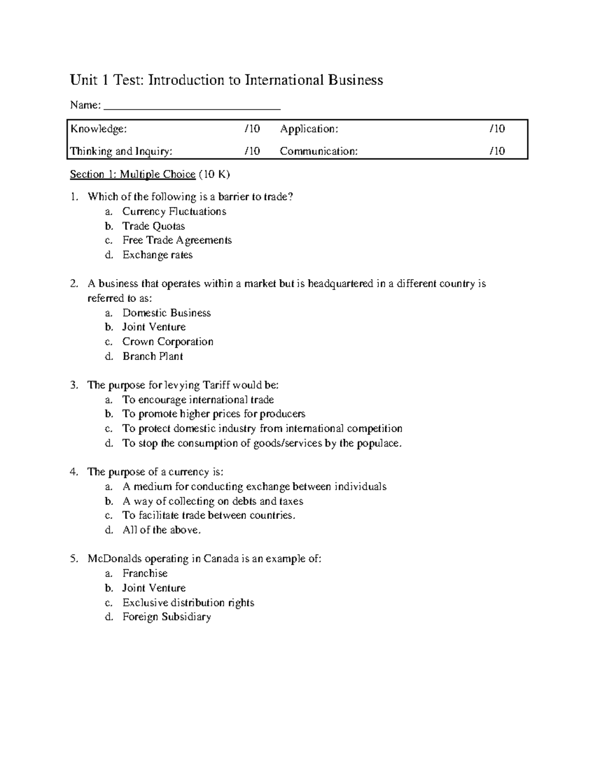 Unit 1 Test BBB4M - Intro to Int'l Business & Trade Concepts - Studocu