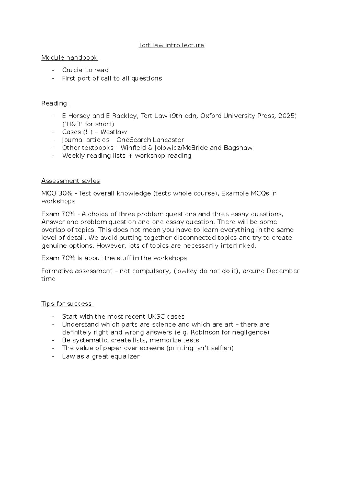 Tort Law Intro Lecture Notes - Land Law 1 (Module Handbook) - Studocu