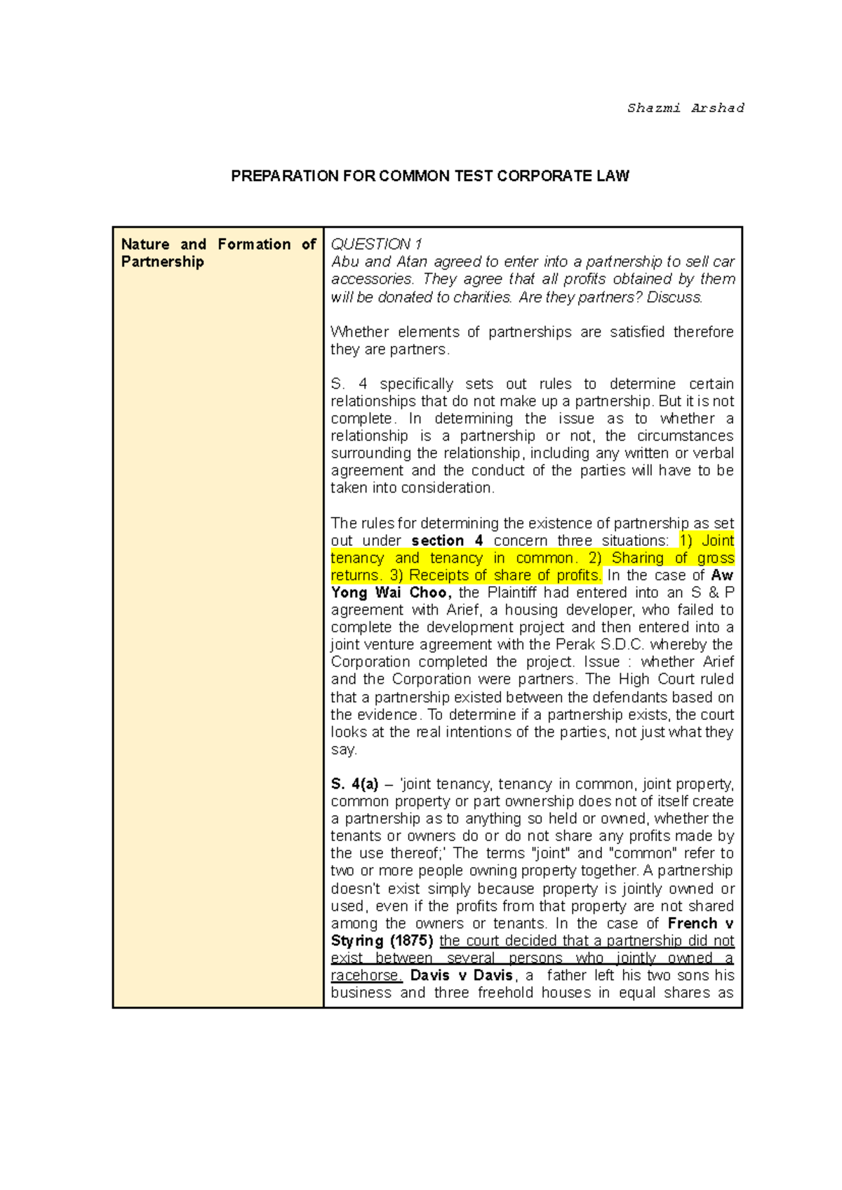 Preparation for Common Test: Corporate Law - Partnership Analysis - Studocu