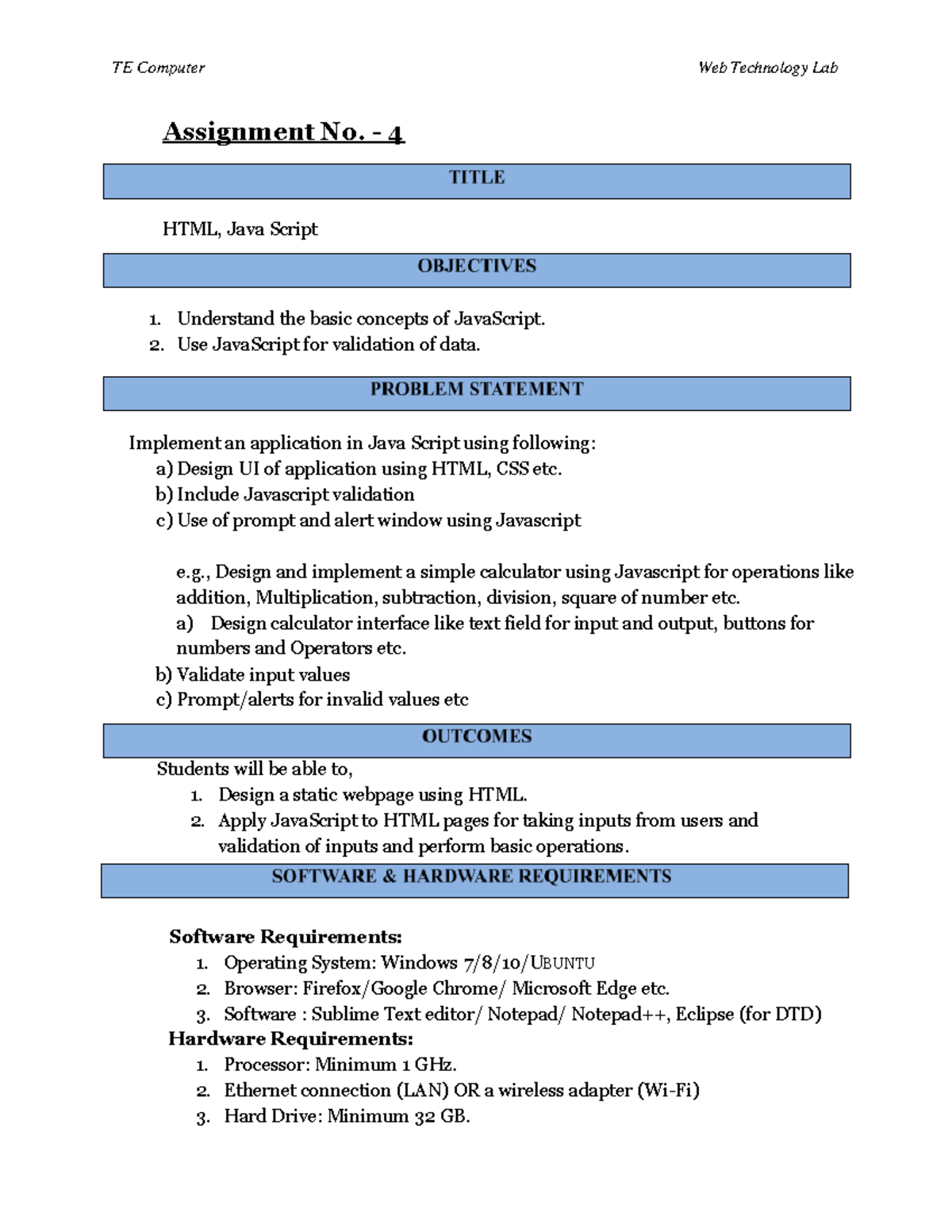 WT LAB 4: JavaScript Basics and Data Validation Assignment - Studocu
