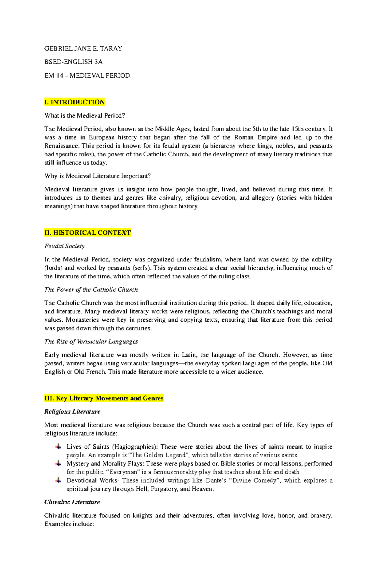 EM 14 - Medieval Period: Key Literary Movements & Authors - Studocu