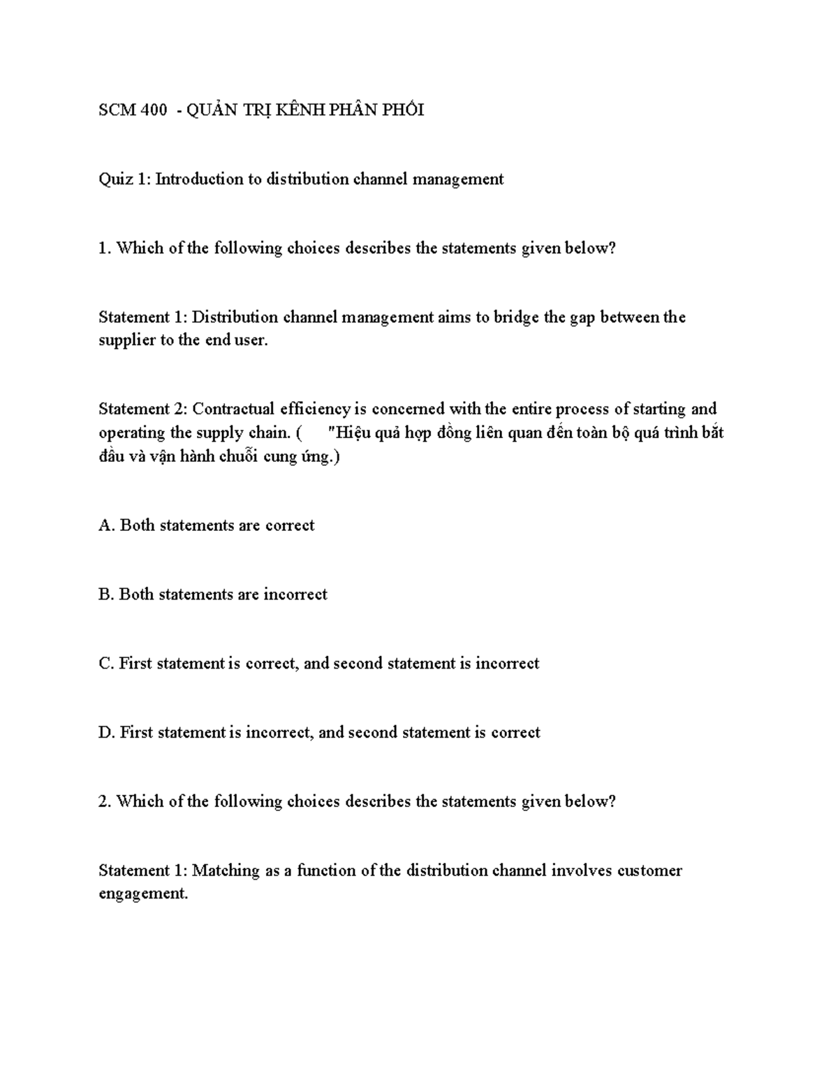 SCM 400 QUIZ 1: Introduction to Distribution Channel Management - Studocu
